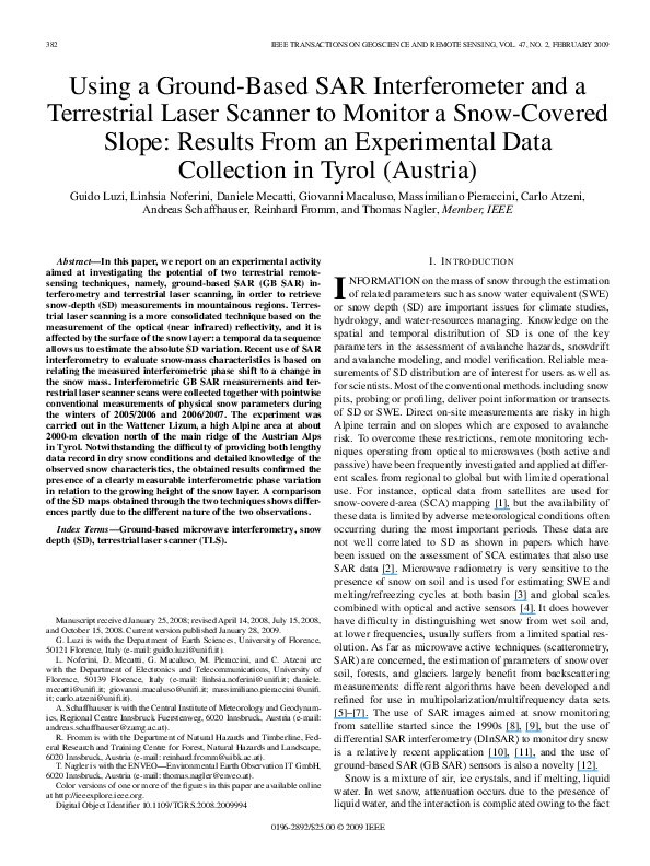 (PDF) Using a Ground-Based SAR Interferometer and a Terrestrial Laser Scanner to Monitor a Snow ...