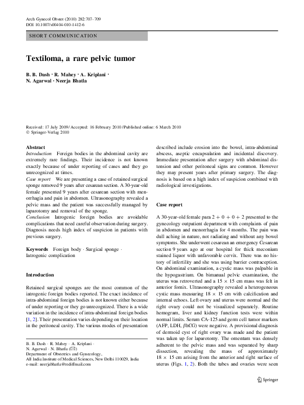 (PDF) Textiloma, a rare pelvic tumor