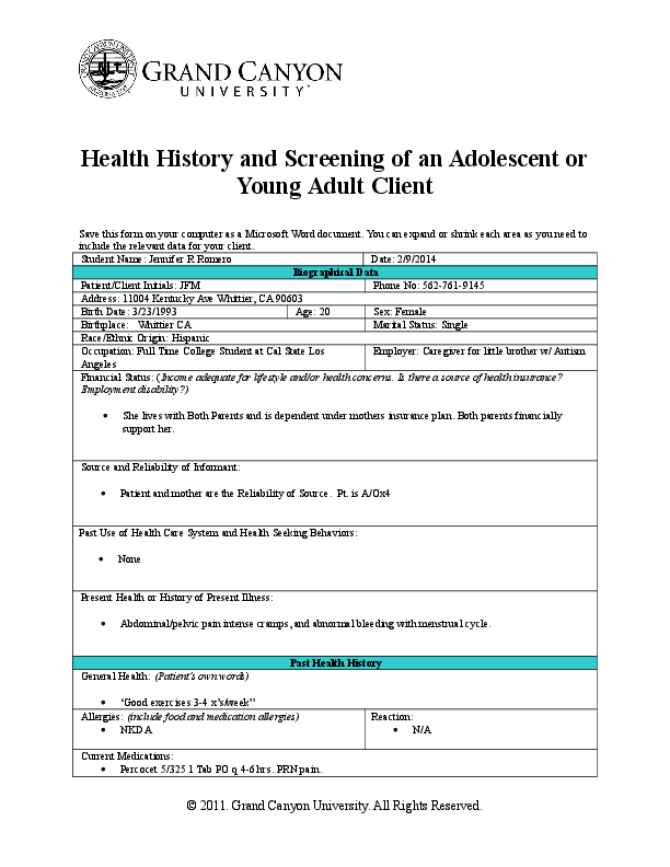 (DOC) Health History and Screening of an Adolescent or Young Adult Client