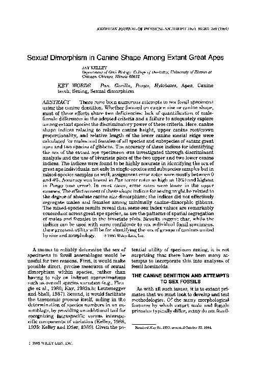 (PDF) Sexual dimorphism in canine shape among extant great apes | Jay ...
