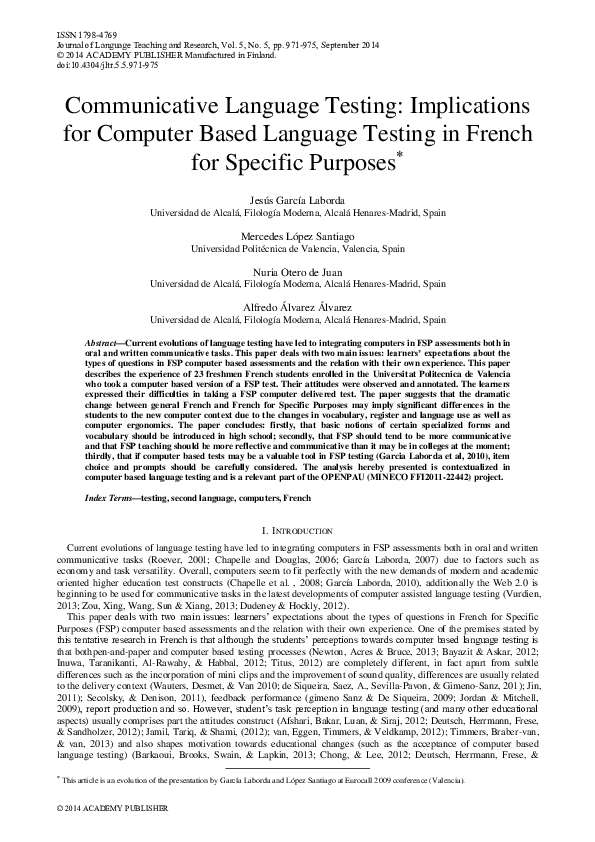 Pdf Communicative Language Testing Implications For Computer Based Language Testing In French