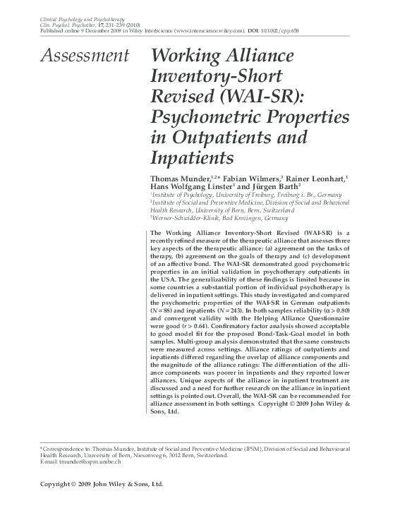 (PDF) Working Alliance Inventory-Short Revised (WAI-SR): psychometric ...
