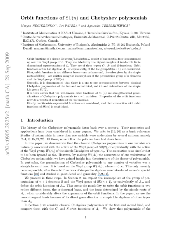 (PDF) Orbit functions of SU (n) and Chebyshev polynomials