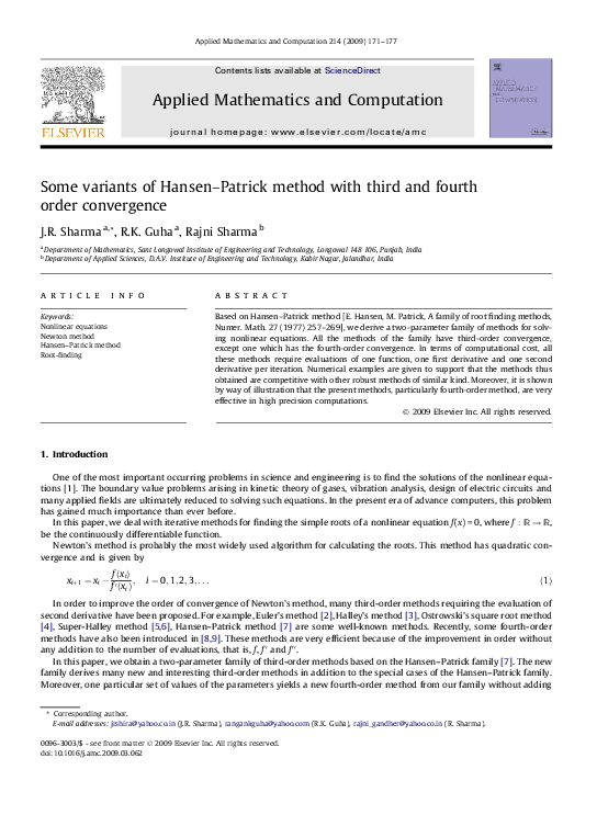 Pdf Some Variants Of Hansen Patrick Method With Third And Fourth Order Convergence Rangan