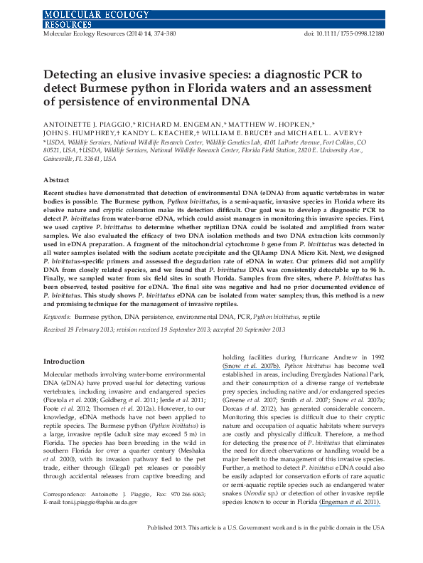 (PDF) Detecting an elusive invasive species: a diagnostic PCR to detect ...