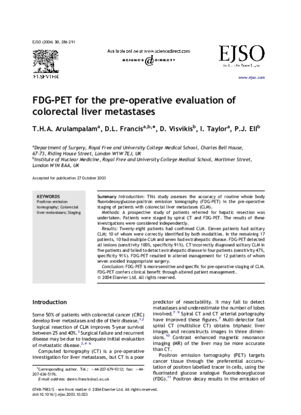 (PDF) FDG-PET for the pre-operative evaluation of colorectal liver ...
