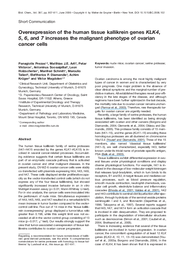(PDF) Overexpression of the human tissue kallikrein genes KLK4, 5, 6 ...