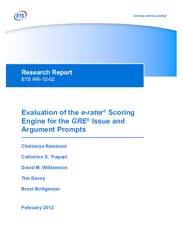 (PDF) EVALUATION OF THE E-RATER ® SCORING ENGINE FOR THE GRE ® ISSUE ...