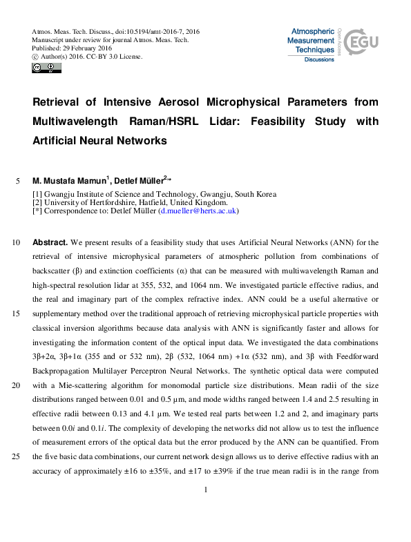 (PDF) Retrieval of Intensive Aerosol Microphysical Parameters from Multiwavelength Raman/HSRL ...