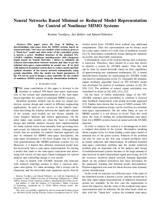 (PDF) Neural networks based minimal or reduced model representation for control of nonlinear ...