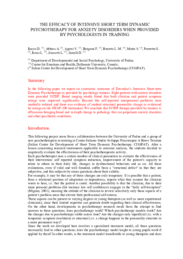 (PDF) The Efficacy of Intensive Short Term Dynamic Psychotherapy for ...