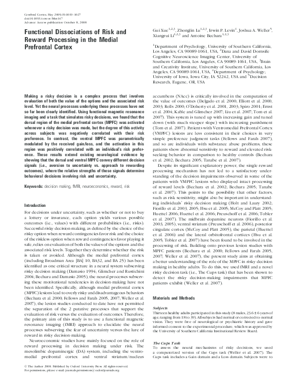 Pdf Functional Dissociations Of Risk And Reward Processing In The Medial Prefrontal Cortex