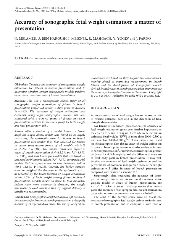 (PDF) Accuracy of sonographic fetal weight estimation: a matter of presentation