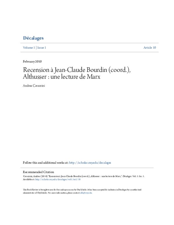 (PDF) Recension de Jean-Claude Bourdin (coord.), Althusser : une ...