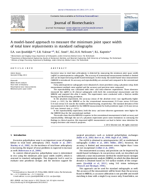 (PDF) A model-based approach to measure the minimum joint space width of total knee replacements ...