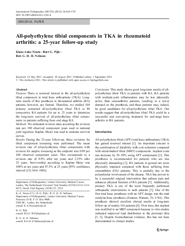 (PDF) All-polyethylene tibial components in TKA in rheumatoid arthritis ...