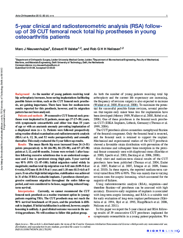 (PDF) 5-year clinical and radiostereometric analysis (RSA) follow-up of ...
