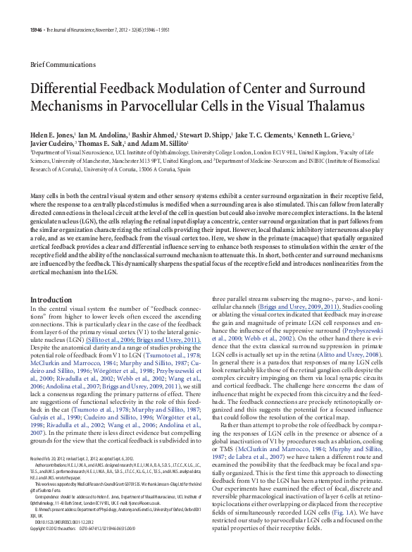 (PDF) Differential Feedback Modulation of Center and Surround Mechanisms in Parvocellular Cells ...