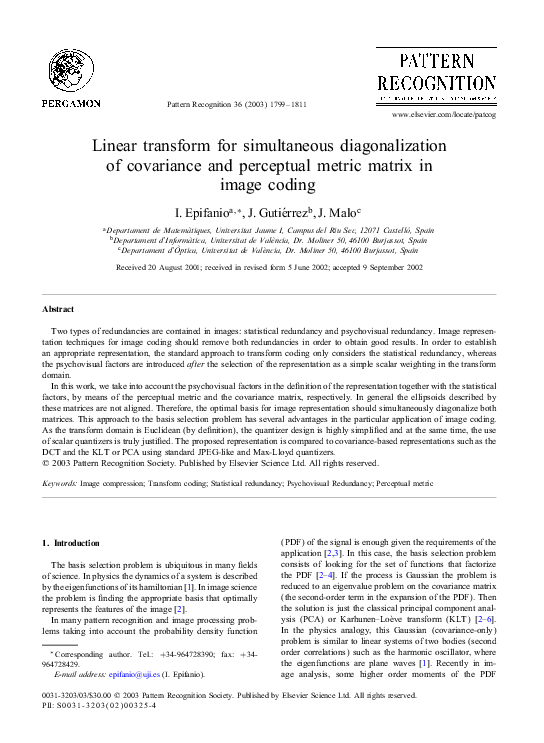 Pdf Linear Transform For Simultaneous Diagonalization Of Covariance