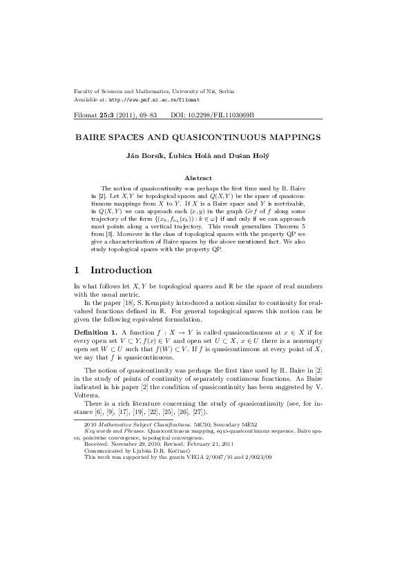 (PDF) Baire spaces and quasicontinuous mappings