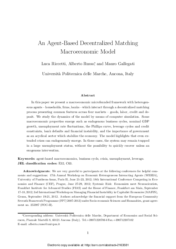 (PDF) An agent based decentralized matching macroeconomic model