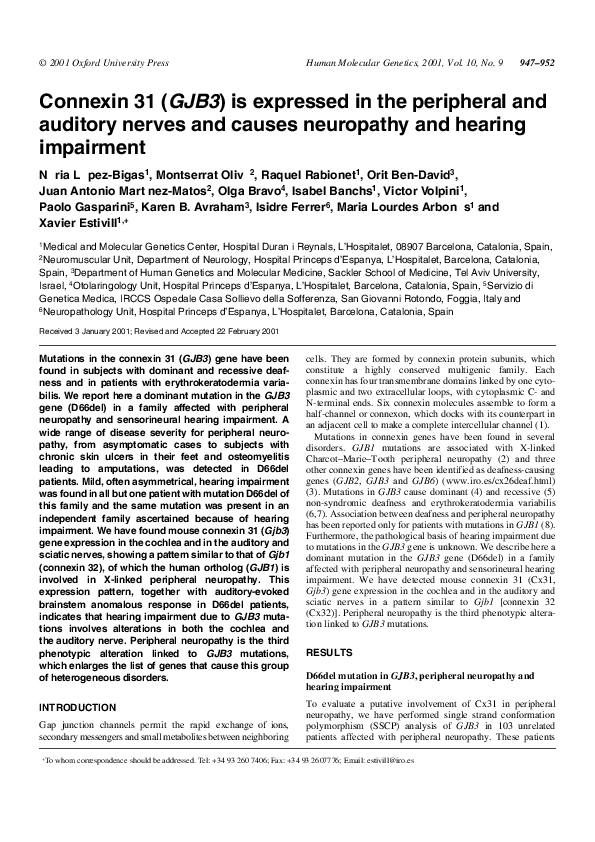 (PDF) Connexin 31 (GJB3) is expressed in the peripheral and auditory ...