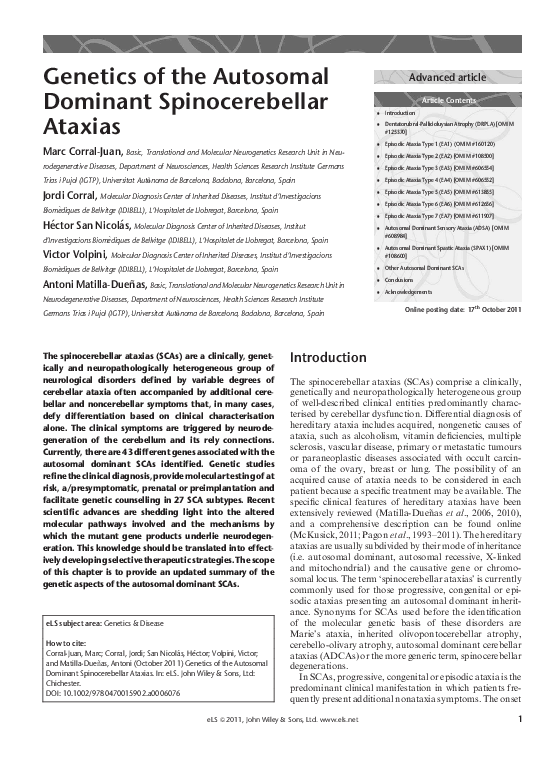 (PDF) Genetics of the Autosomal Dominant Spinocerebellar Ataxias
