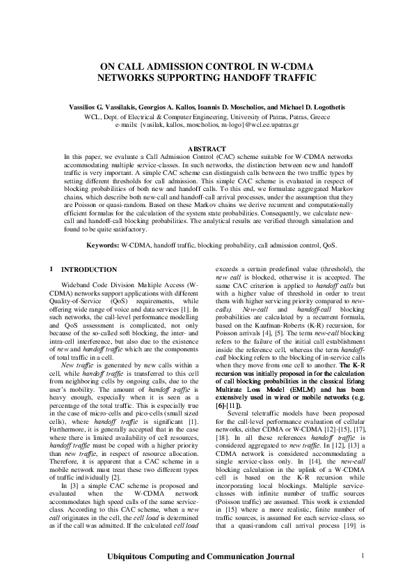 (PDF) On Call Admission Control in W-Cdma Networks Supporting Handoff Traffic