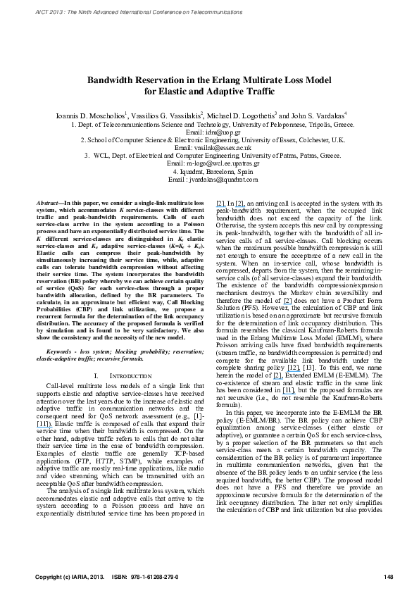 (PDF) Bandwidth Reservation in the Erlang Multirate Loss Model for Elastic and Adaptive Traffic