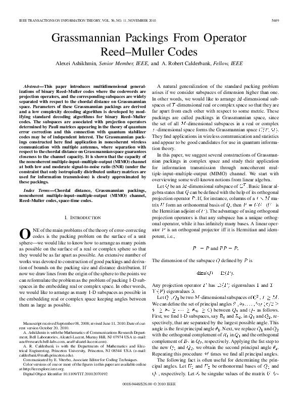 (PDF) Grassmannian Packings From Operator Reed-Muller Codes
