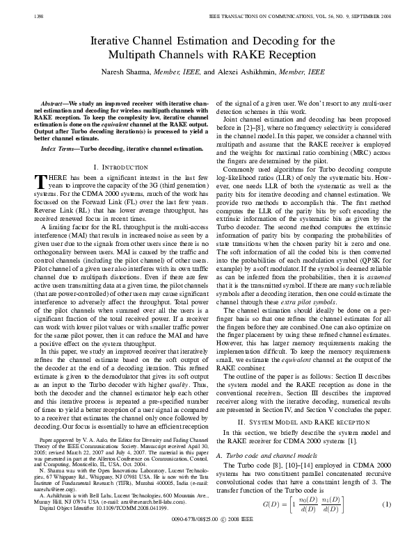 (PDF) Iterative channel estimation and decoding for the multipath channels with RAKE reception