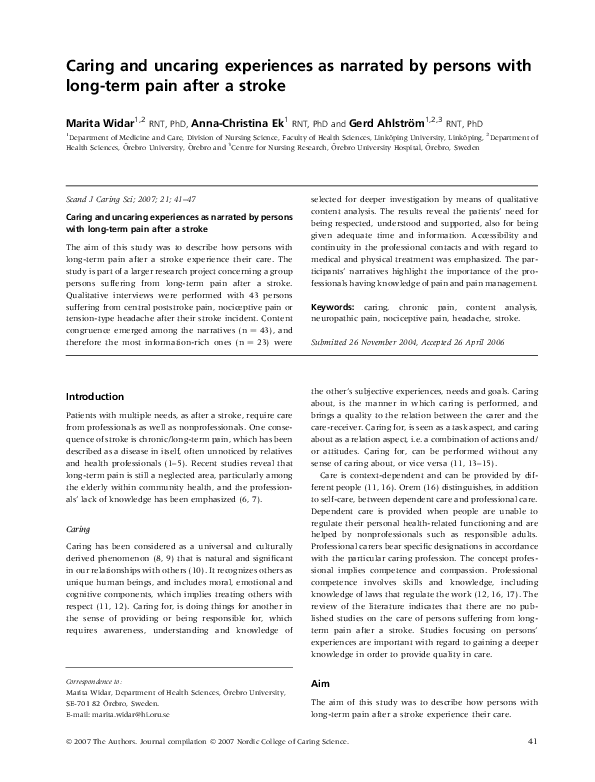 (PDF) Caring and uncaring experiences as narrated by persons with long ...