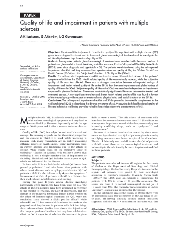 (PDF) Quality of Life of People with Multiple Sclerosis:Clinical and Psychosocial Determinants ...