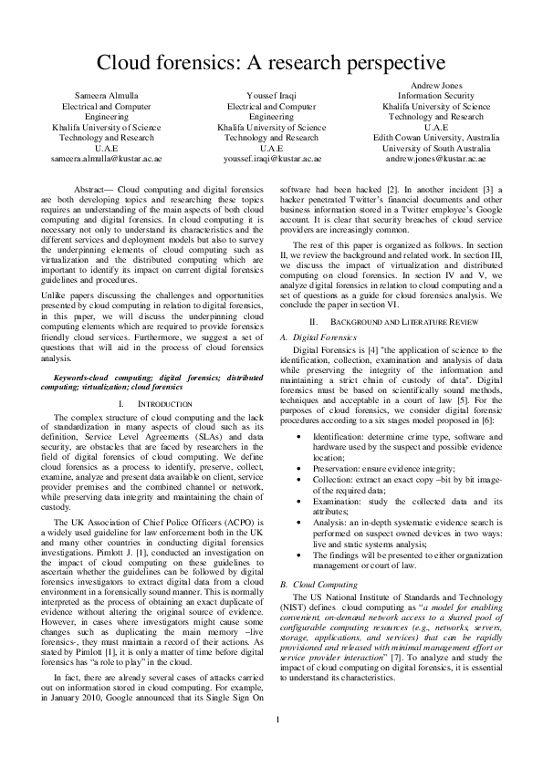 (PDF) Cloud forensics: A research perspective