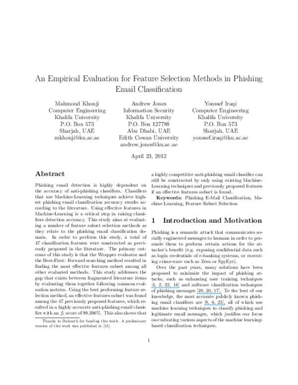 Pdf An Empirical Evaluation For Feature Selection Methods In Phishing