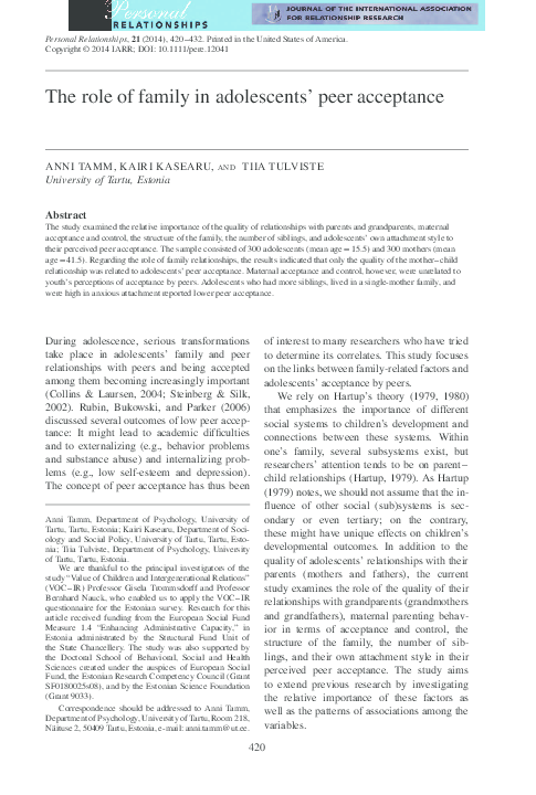 (PDF) The role of family in adolescents' peer acceptance