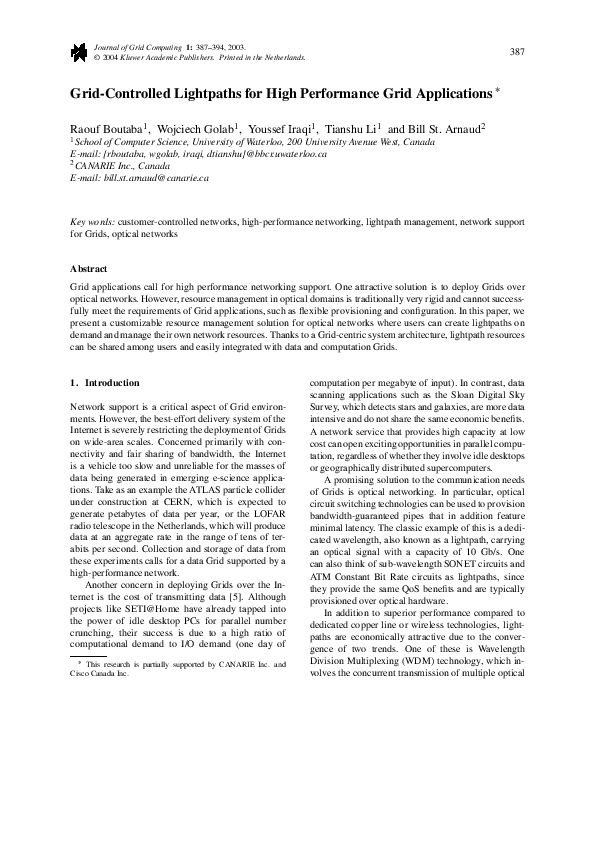 (PDF) Grid-Controlled Lightpaths for High Performance Grid Applications