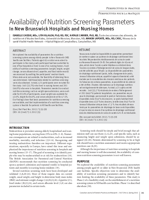 (PDF) Availability of Nutrition Screening Parameters in New Brunswick ...