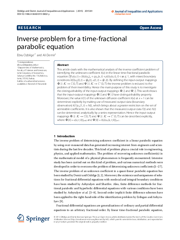 Pdf Inverse Problem For A Time Fractional Parabolic Equation