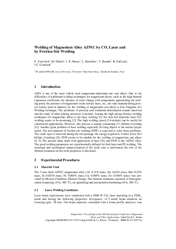 (PDF) Welding of Magnesium Alloy AZ91C by CO 2 Laser and by Friction ...