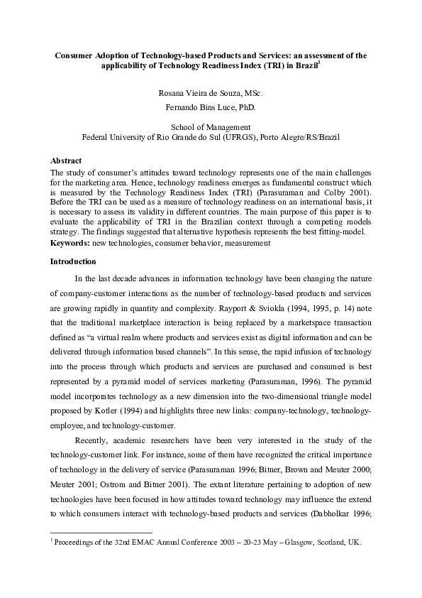(PDF) Consumer Adoption of Technology-based Products and Services: an ...