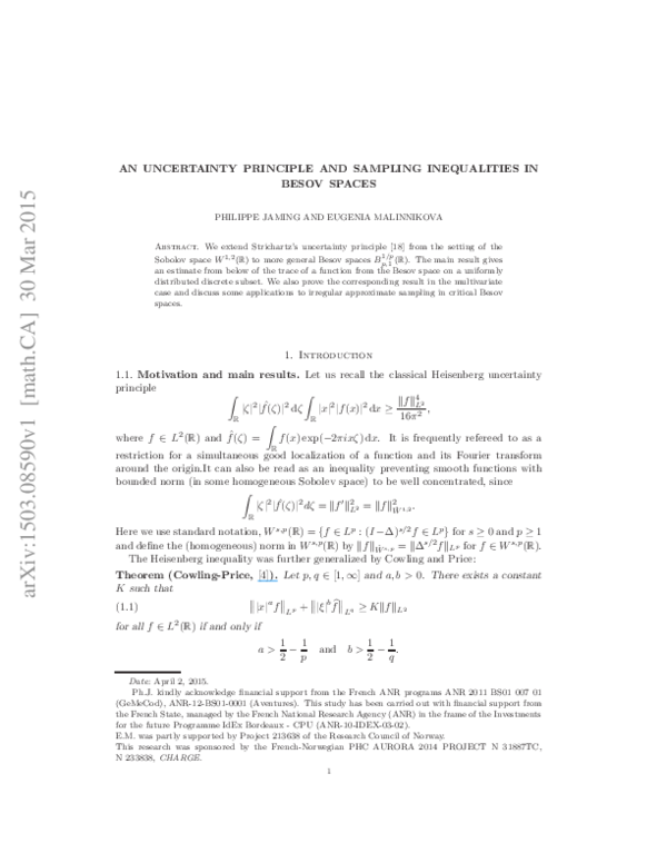 (PDF) An uncertainty principle and sampling inequalities in Besov spaces