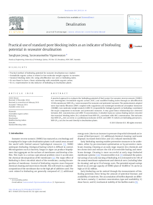 (PDF) Practical use of standard pore blocking index as an indicator of biofouling potential in ...