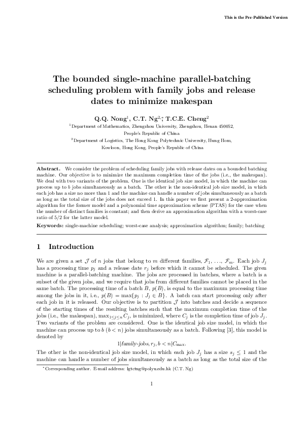 (PDF) The bounded single-machine parallel-batching scheduling problem with family jobs and ...