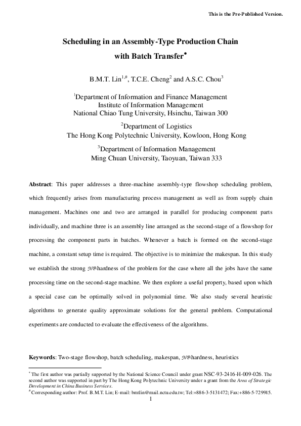 (PDF) Scheduling in an assembly-type production chain with batch transfer
