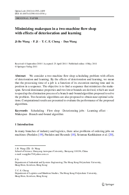 Pdf Minimizing Makespan In A Two Machine Flow Shop With Effects Of Deterioration And Learning