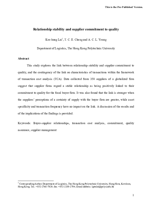 (PDF) Relationship stability and supplier commitment to quality