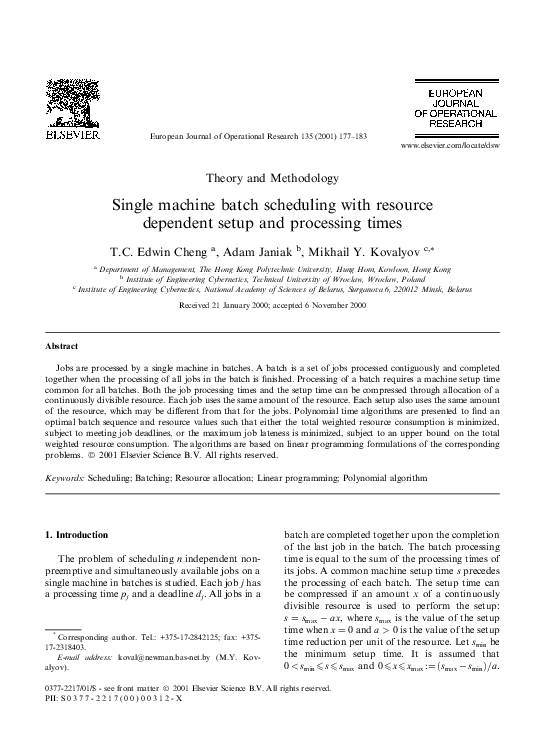 Pdf Single Machine Batch Scheduling With Resource Dependent Setup And Processing Times