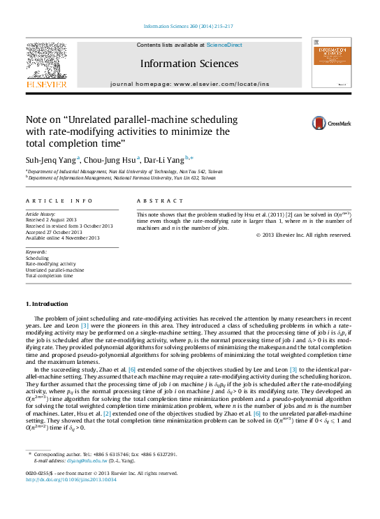 Pdf Note On “unrelated Parallel Machine Scheduling With Rate Modifying Activities To Minimize 