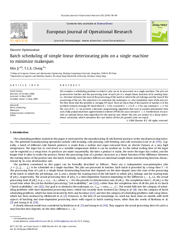 Pdf Batch Scheduling Of Simple Linear Deteriorating Jobs On A Single Machine To Minimize Makespan